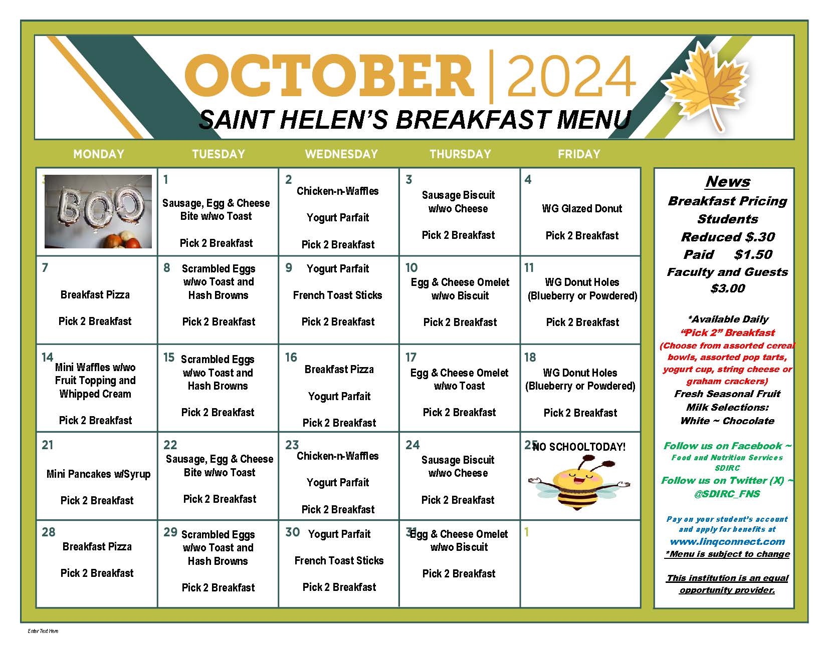 Breakfast & Lunch Information - St. Helen Catholic School